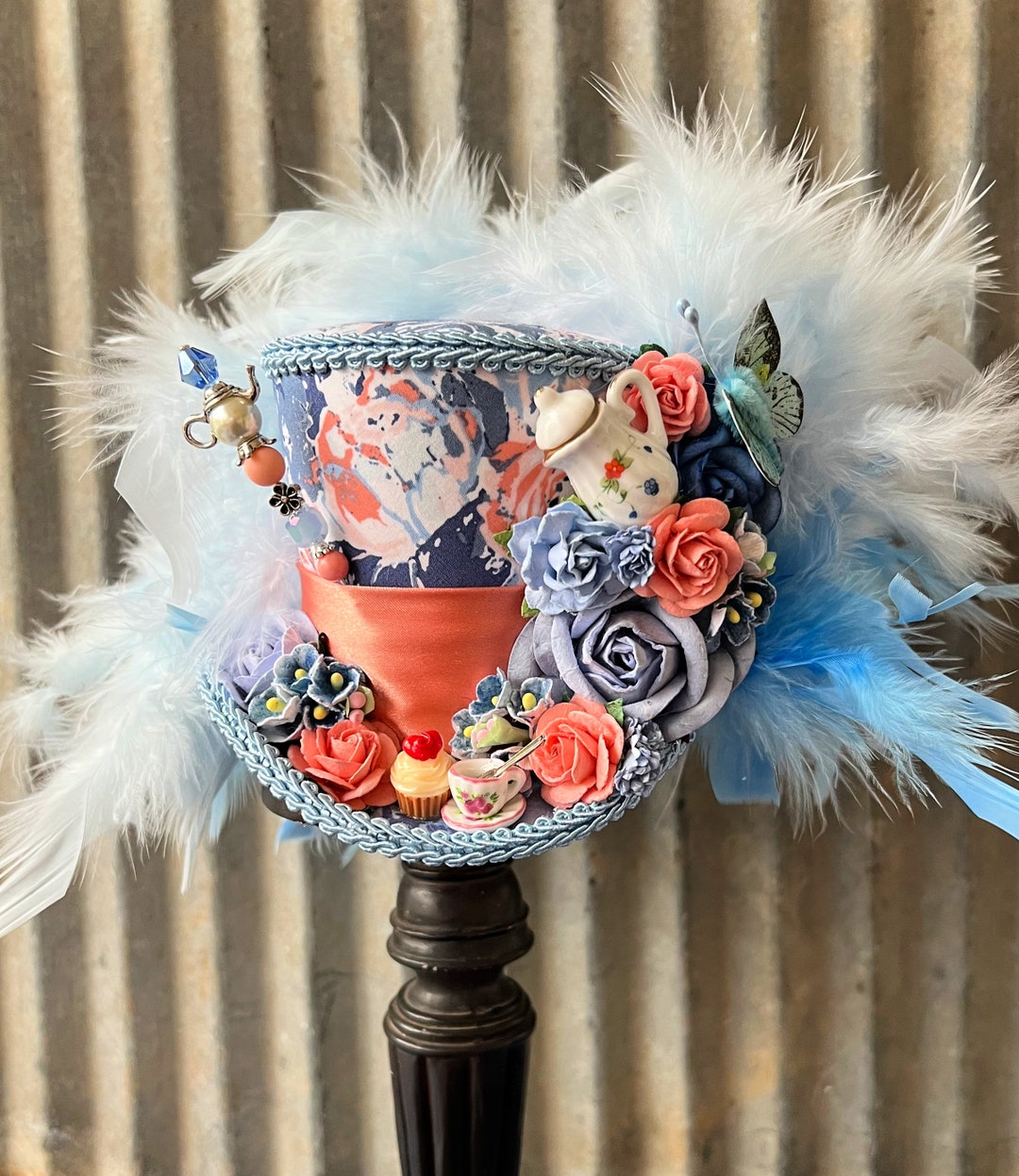 Mini Top Hat Blue and Coral Tea Cup Hat Baby Shower Tea Pot - Etsy