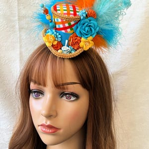 Micro Mini Top Hat, Tea Cup Hat, Orange and Turquoise Rose Flower Hat ...