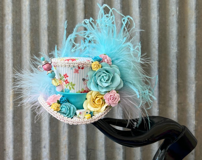 Micro Mini Top Hat, Tea Cup Hat, Blue and Pink Flower Hat, Alice in ...