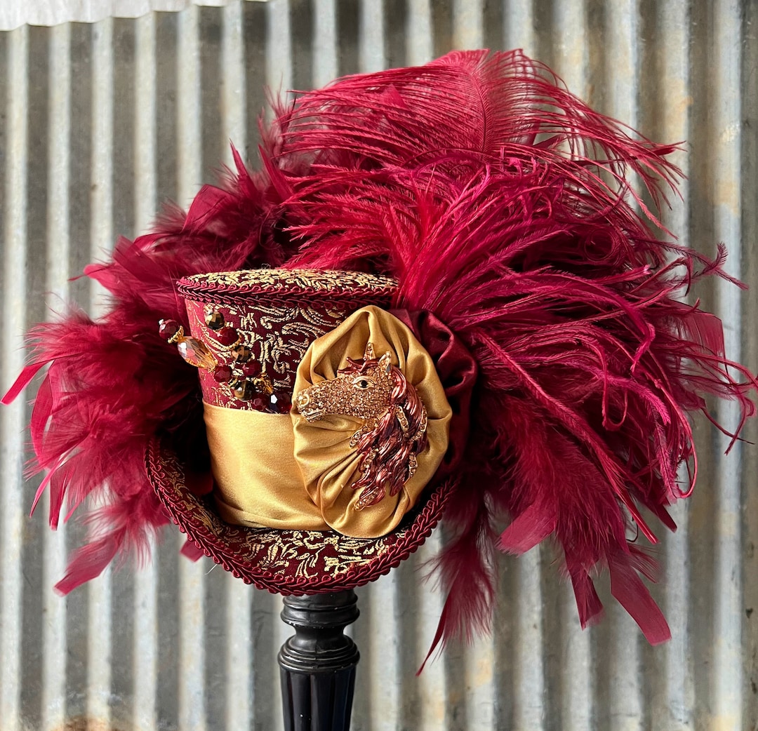 Kentucky Derby Hat, Burgundy and Gold Rhinestone Mini Top Hat, Horse ...
