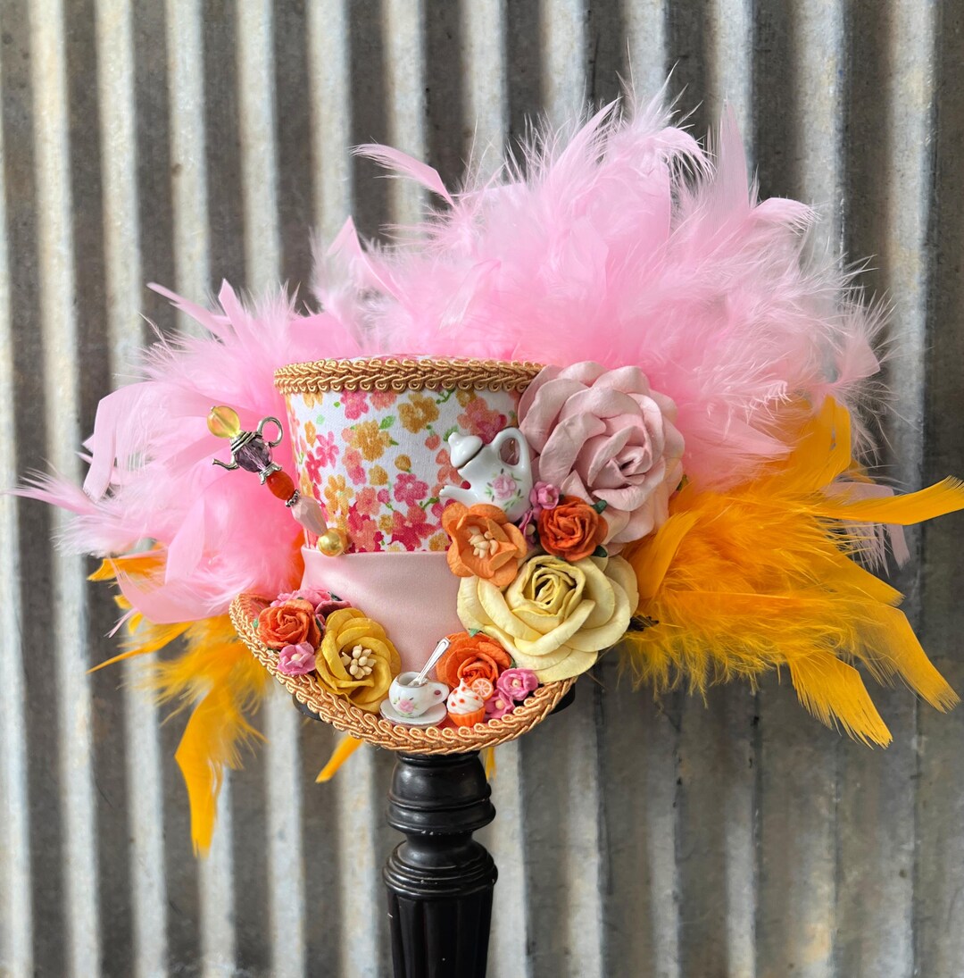 Mini Top Hat, Rose Tea Cup Hat, Orange Yellow Coral Tea Pot Alice in ...