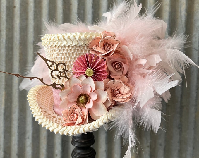 Mini Top Hat, Ivory Crochet Mini Top Hat, Blush Pink Mini Hat, Alice in ...