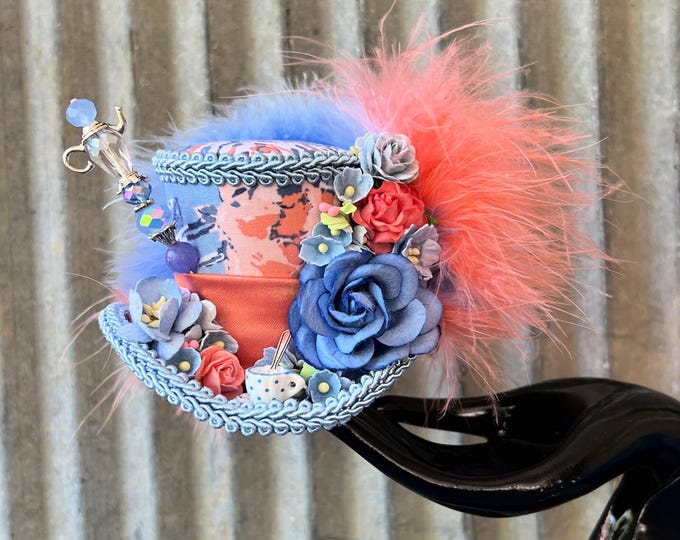 Micro Mini Top Hat, Tea Cup Hat, Baby Blue and Coral Flower Hat, Alice ...