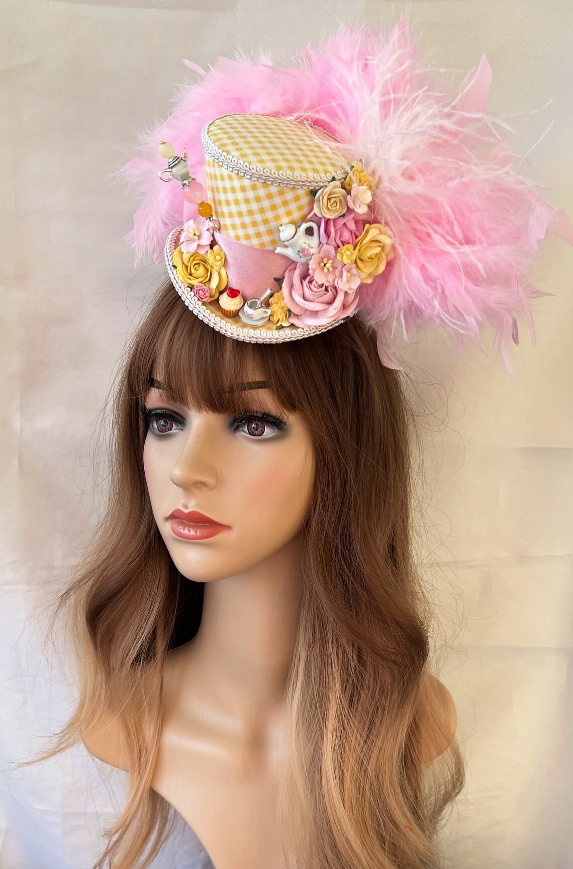 Mini Top Hat Tea Hat Pink and Yellow Tea Cup Hat Alice in - Etsy
