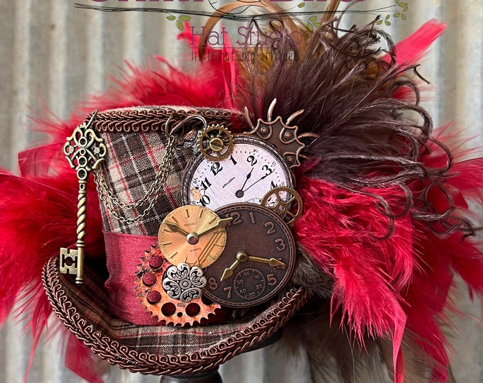 Mini Top Hat, Steampunk Mini Top Hat, Steampunk Clock Hat, Brown Tweed ...