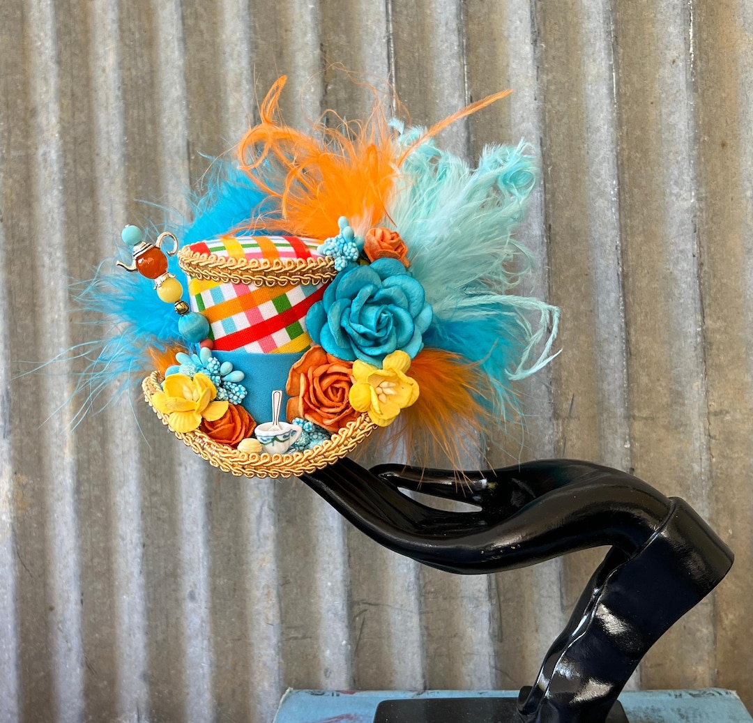 Micro Mini Top Hat, Tea Cup Hat, Orange and Turquoise Rose Flower Hat ...