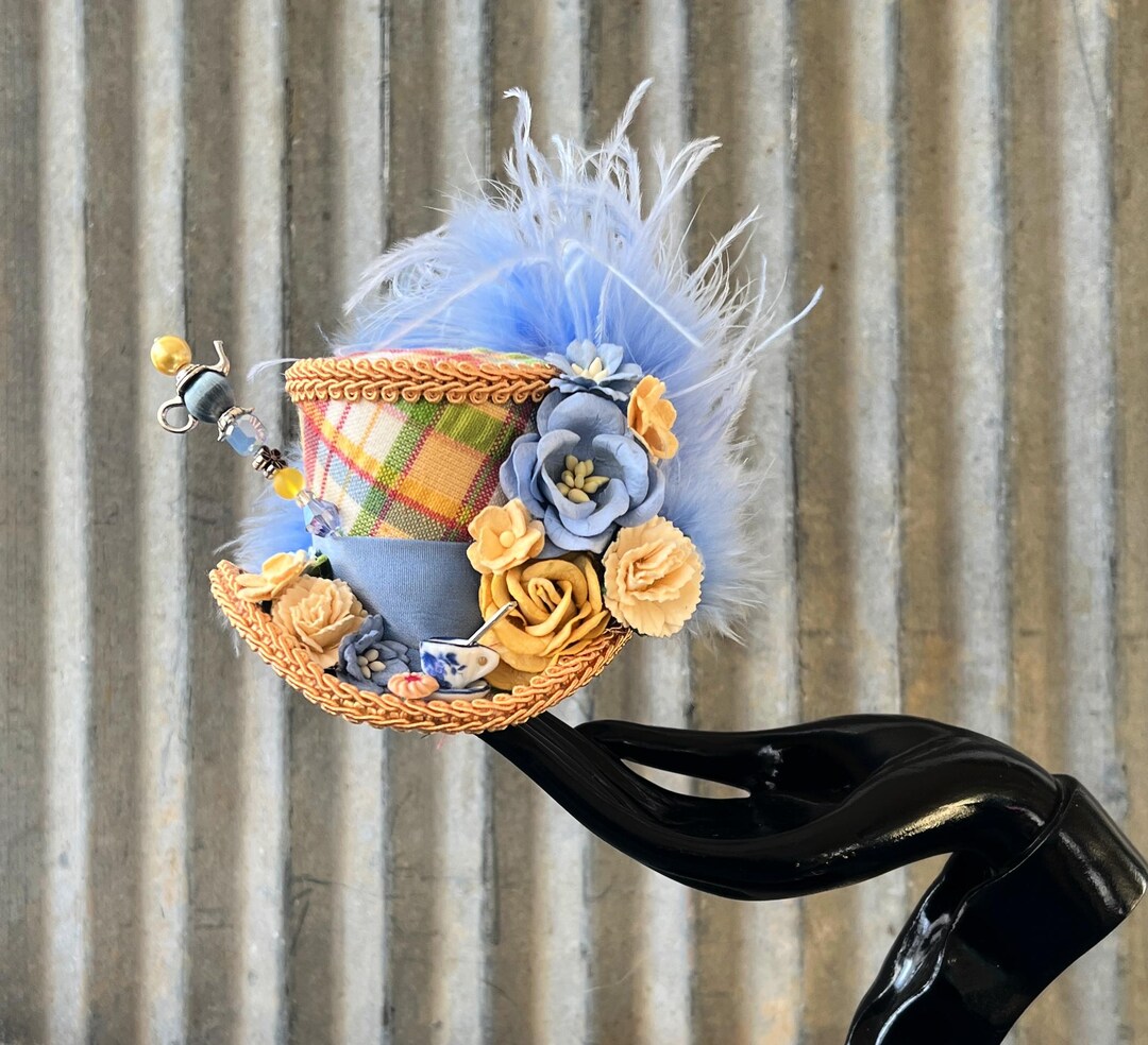 Micro Mini Top Hat, Mini Tea Cup Hat, Yellow and Blue Flower Hat, Alice ...