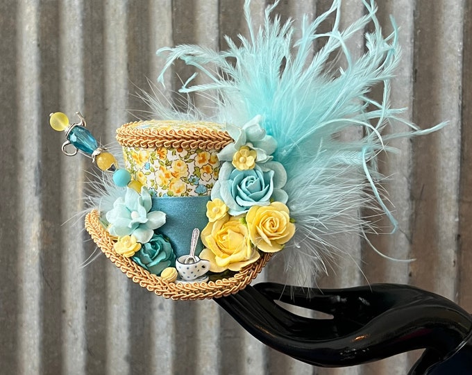 Micro Mini Top Hat, Mini Tea Cup Hat, Yellow and Blue Flower Hat, Alice ...