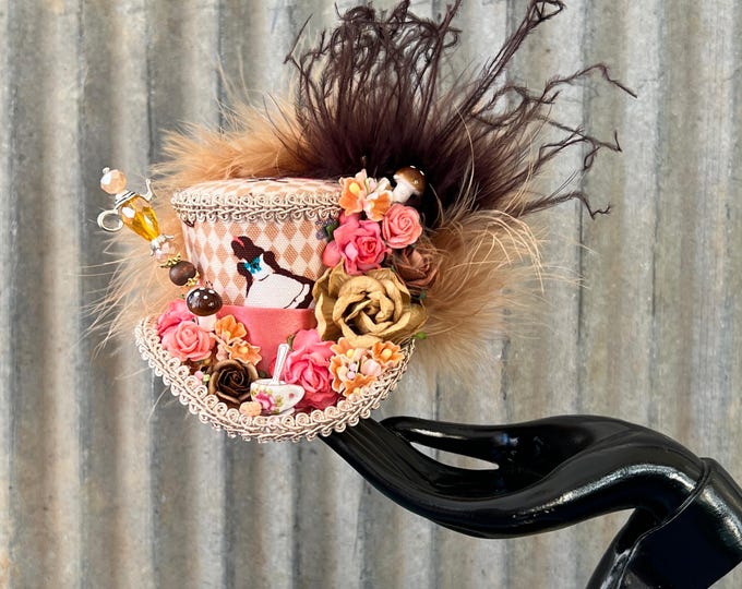 Micro Mini Top Hat, Tea Cup Hat, Tan Beige and Peach Flower Hat,mad ...