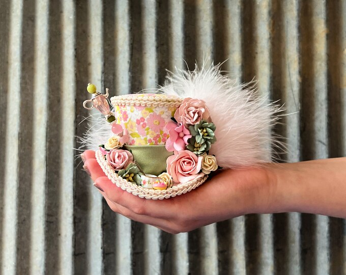 Micro Mini Top Hat, Mini Tea Cup Hat, Pink and Green Flower Hat, Alice ...