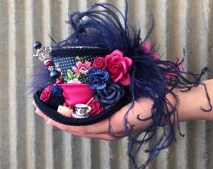 Micro Mini Top Hat Tea Cup Hat Blue Flower Hat Alice in - Etsy