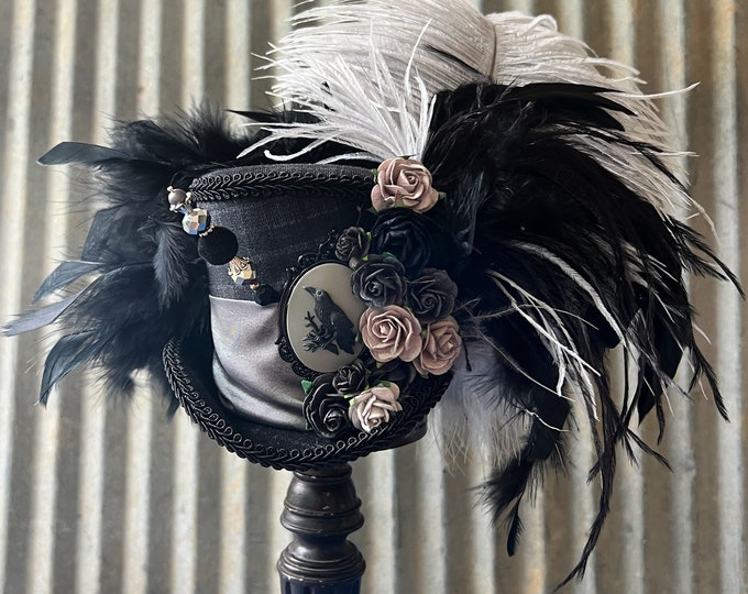 Mini Top Hat, Crow Raven Mini Top Hat, Halloween Mini Hat, Black Plaid ...