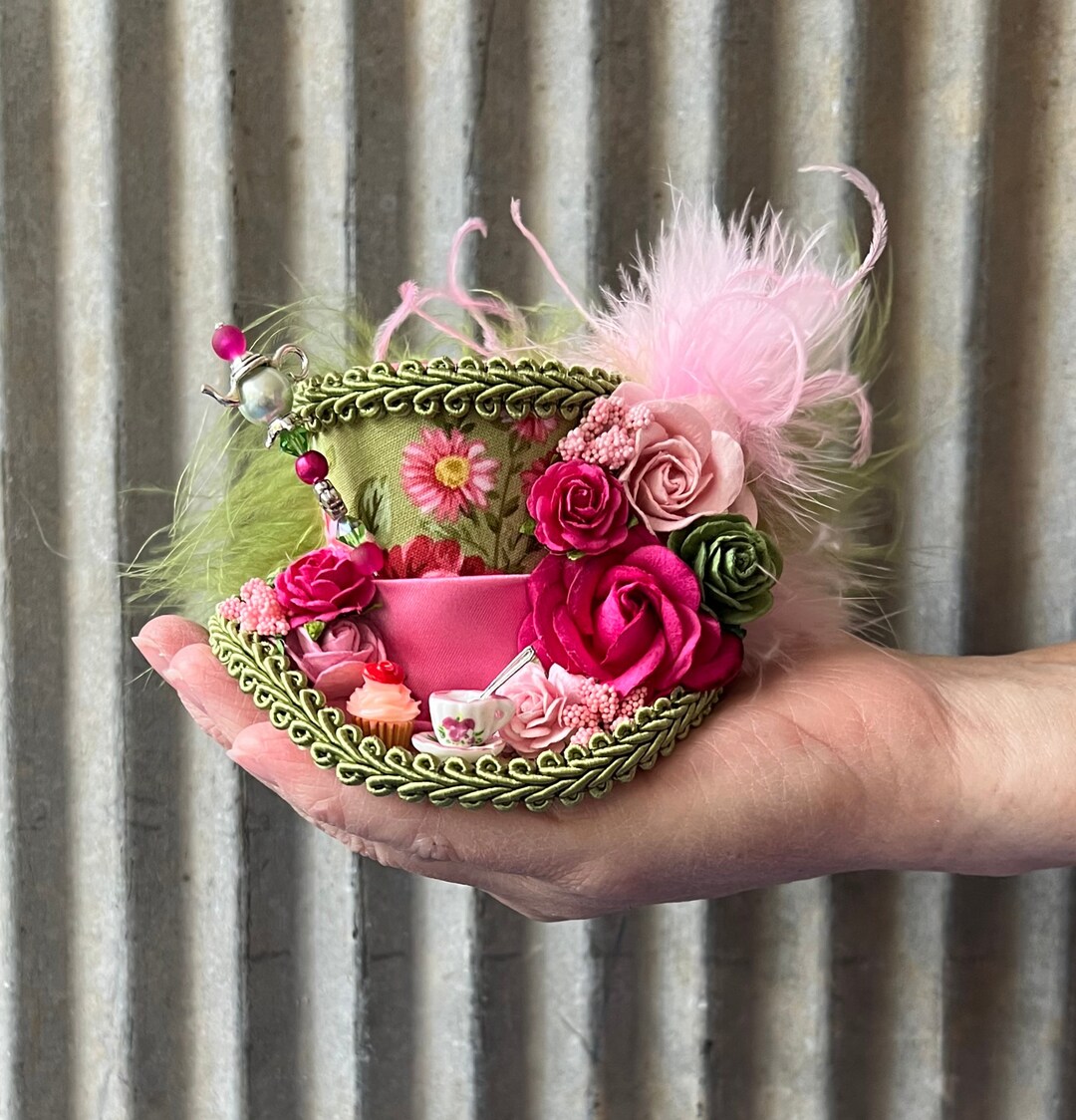 Micro Mini Top Hat Tea Cup Hat Green and Pink Flower Hat - Etsy