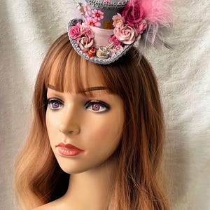 Micro Mini Top Hat, Tea Cup Hat, Gray and Pink Rose Flower Hat, Alice ...