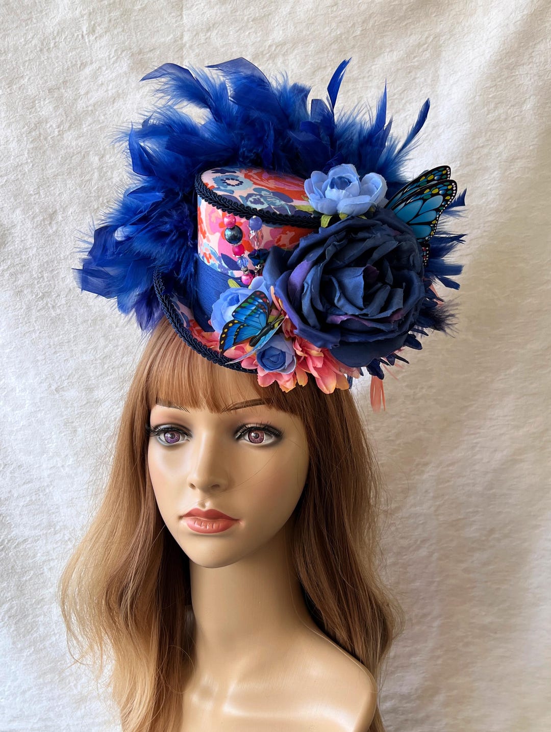 Mini Top Hat, Kentucky Derby Mini Hat, Navy Blue Hat, Red Rose Hat ...