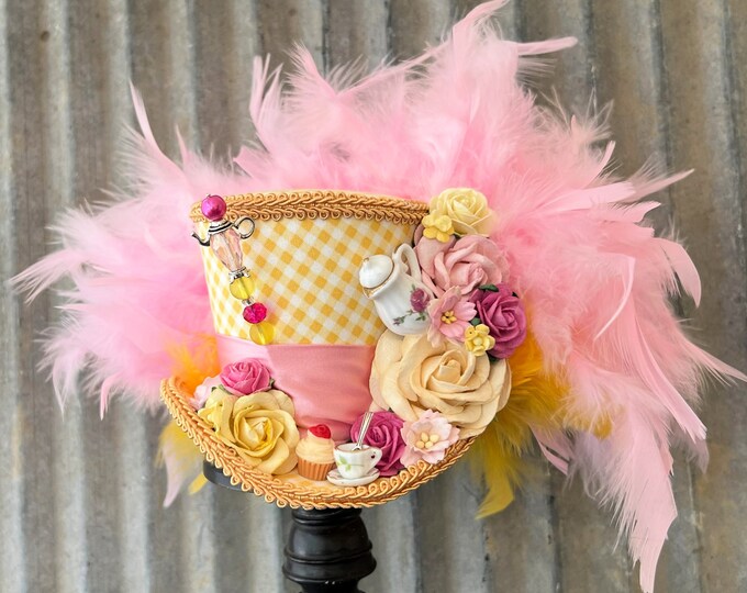 Micro Mini Top Hat, Mini Tea Cup Hat, Yellow and Blue Flower Hat, Alice ...