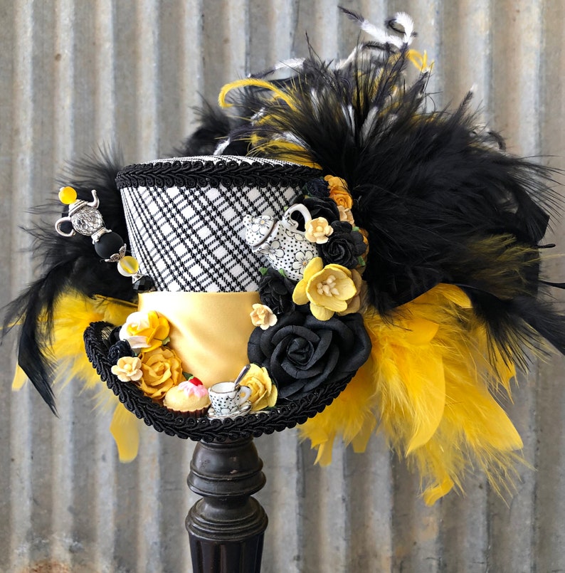 Mini Top Hat Tea Hat Black and Yellow Tea Cup Hat Alice in | Etsy