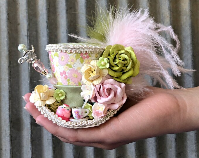 Micro Mini Top Hat Mini Tea Cup Hat Pink and Green Flower - Etsy