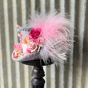 Micro Mini Top Hat, Tea Cup Hat, Gray and Pink Rose Flower Hat, Alice ...