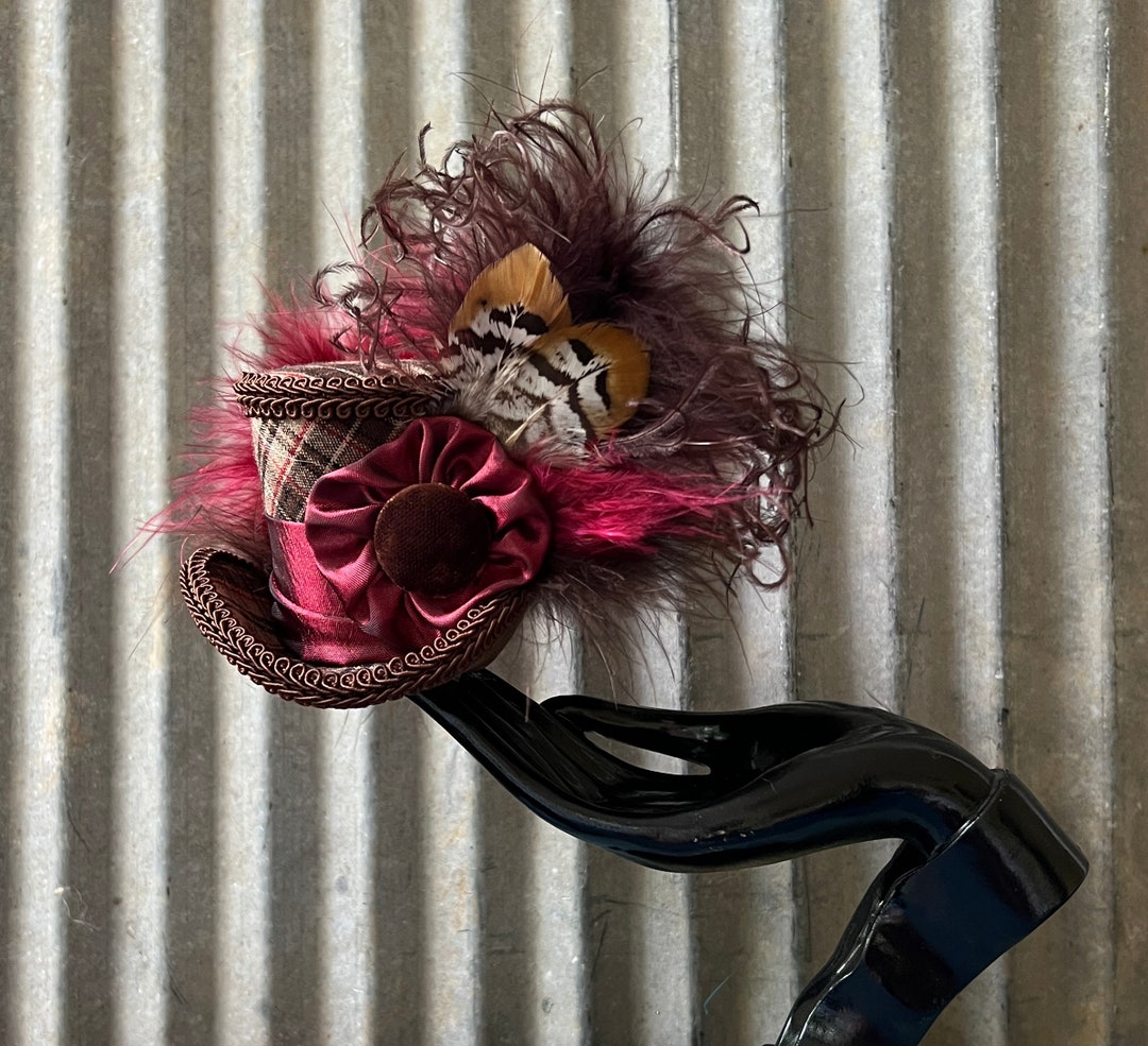 Micro Mini Top Hat, Peacock Red and Brown Mini Hat, Mad Hatter Hat ...