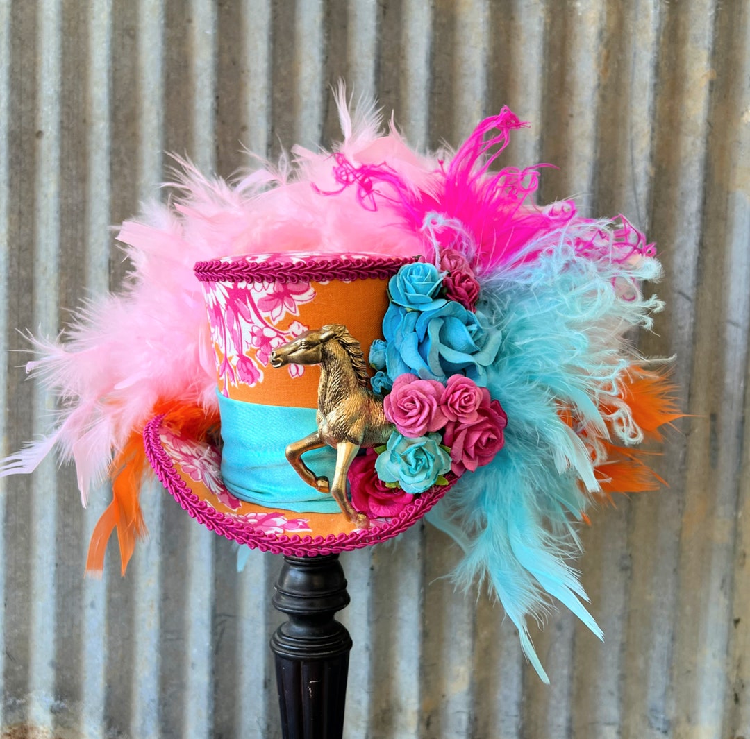 Kentucky Derby Hat, Mini Top Hat, Orange Turquoise and Pink Horse Hat ...