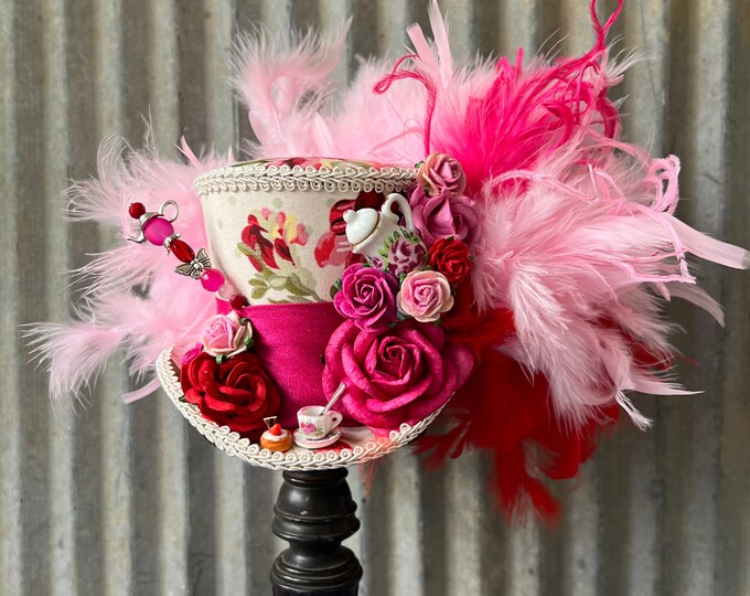 Mini Top Hat, Kentucky Derby Hat, Red Rose Tea Cup Hat, Mad Hatter Hat ...