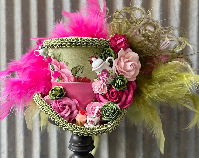 Mini Top Hat, Rose Tea Cup Hat, Pink Tea Pot Wonderland, Mad Hatter Hat ...