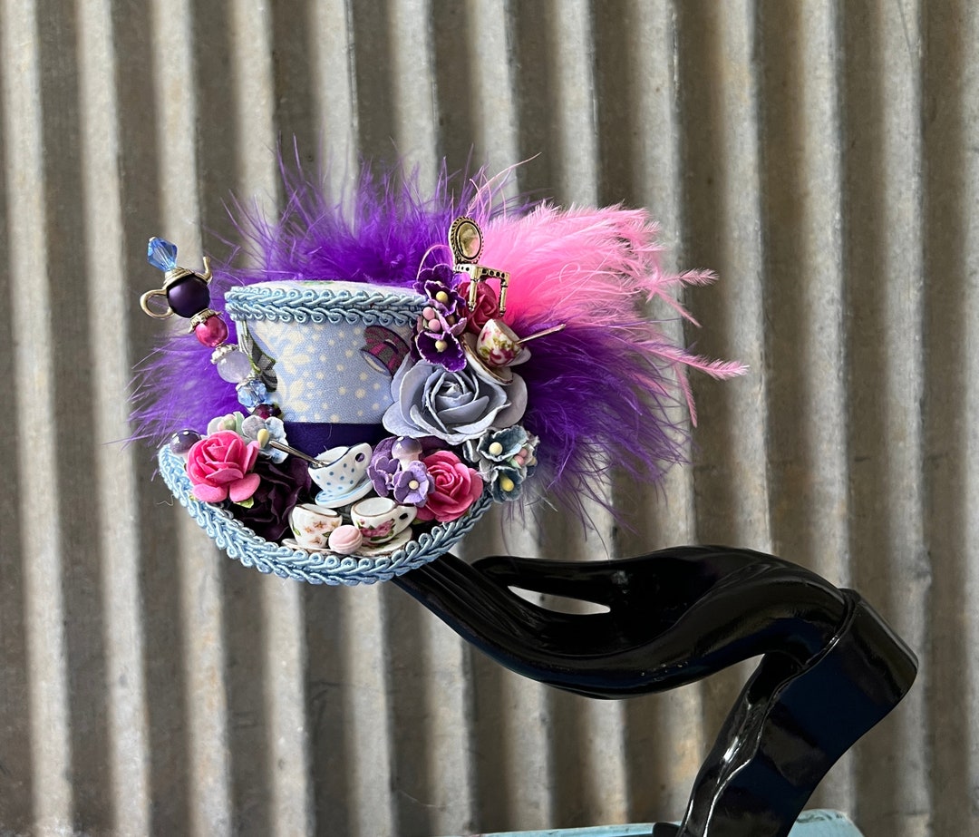 Micro Mini Top Hat, Tea Cup Hat, Blue and Pink Flower Hat, Alice in ...