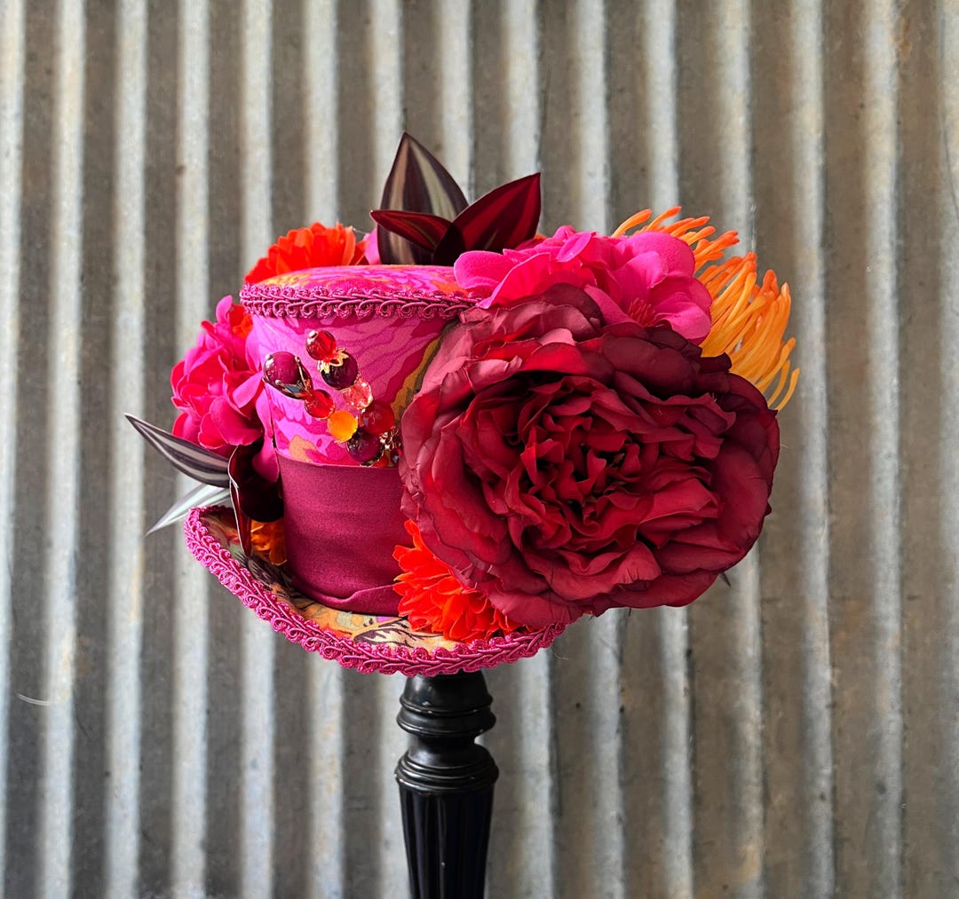 Mini Top Hat, Pink Top Hat, Hot Pink and Orange Rose Mini Top Hat ...