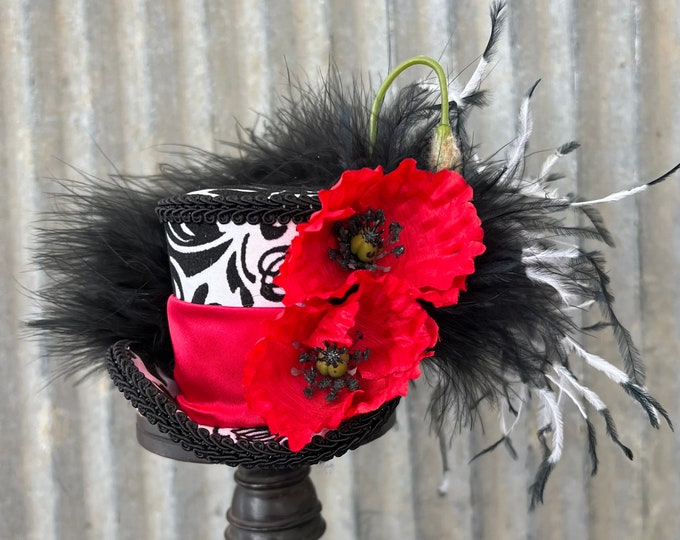 Micro Mini Top Hat, Red Poppy Flower Mini Top Hat, Black and White Hat ...