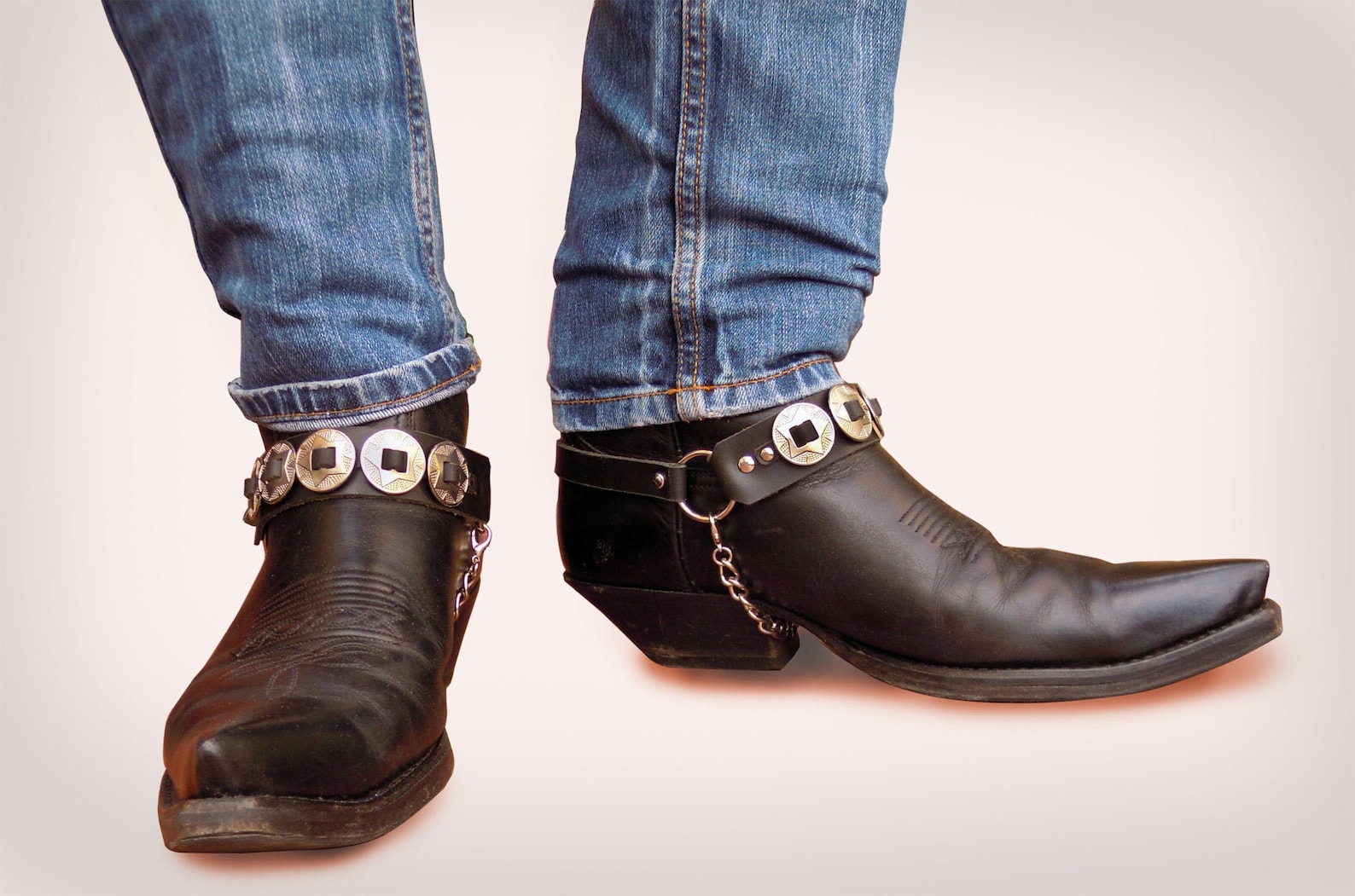 Black Leather Bootstraps, Conchos Cowboy Chains, Biker Boots Spurs - Etsy