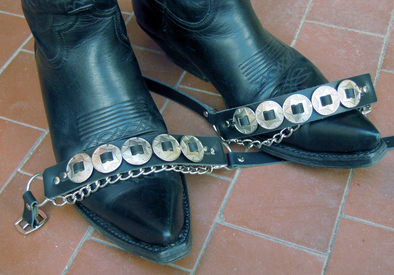 Black Leather Bootstraps, Conchos Cowboy Chains, Biker Boots Spurs - Etsy