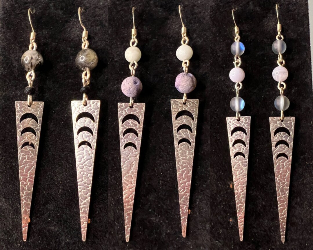Gemstone Crystal Crescent Moon Spike Earrings - Silver Moon Triangle ...