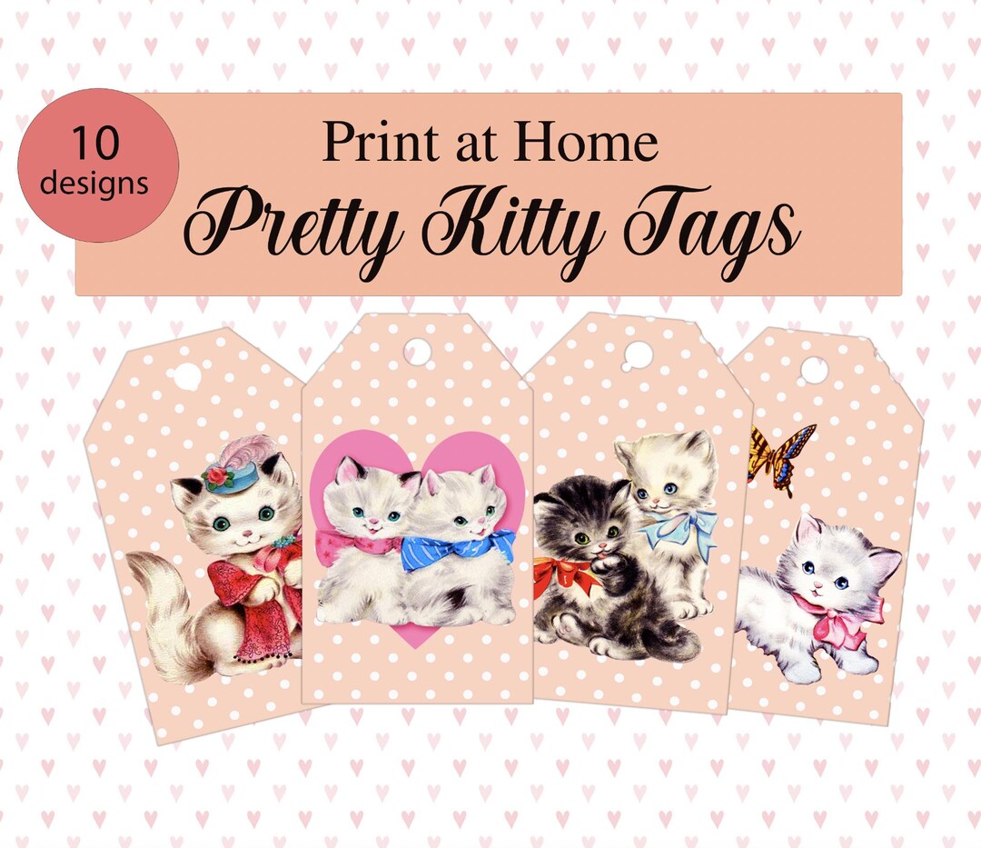 Retro Kitsch Kitten Gift Tags - Printable Kitty Cat Designs (digital ...