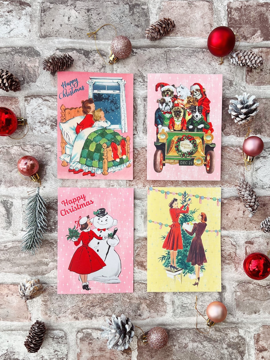 Retro Christmas Cards 8 X Vintage Cards, Recycled Silk Card - Etsy