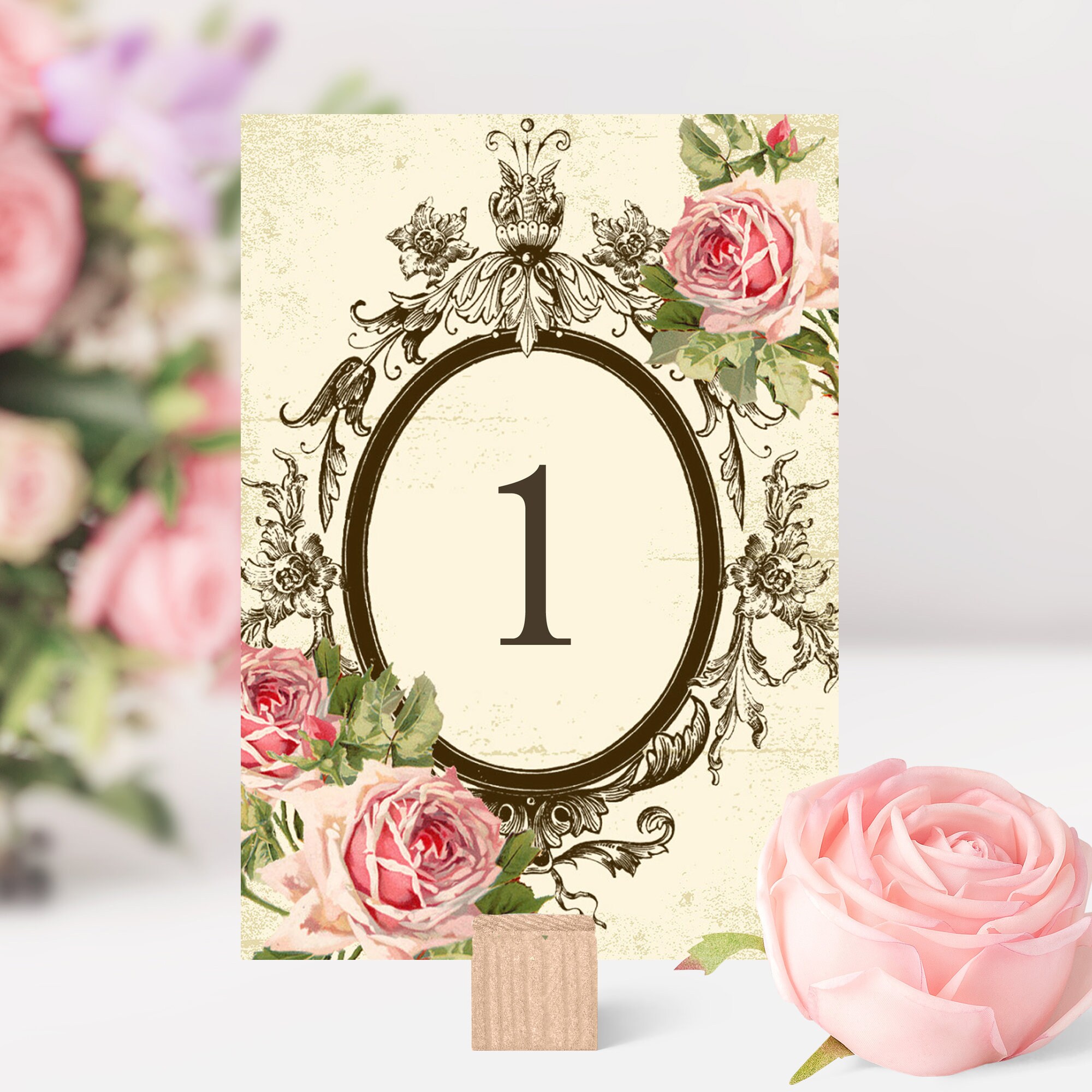 Vintage wedding table number cards pink rose frame design | Etsy