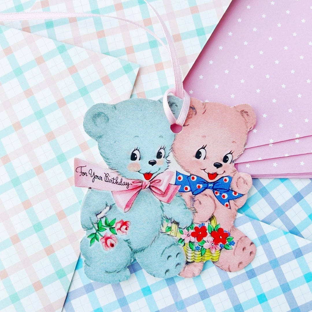 Pink and Blue Bear Gift Tags Birthday Vintage Set of 5 - Etsy