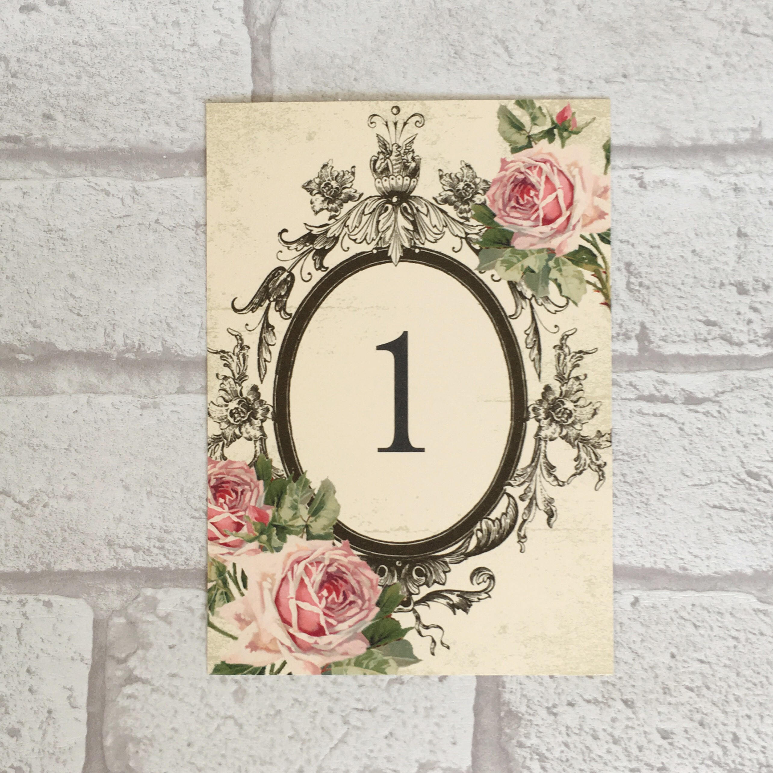 Vintage wedding table number cards pink rose frame design | Etsy