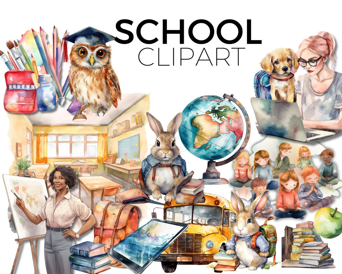 School Clipart, Watercolor School Clip Art, Back to School Clipart ...