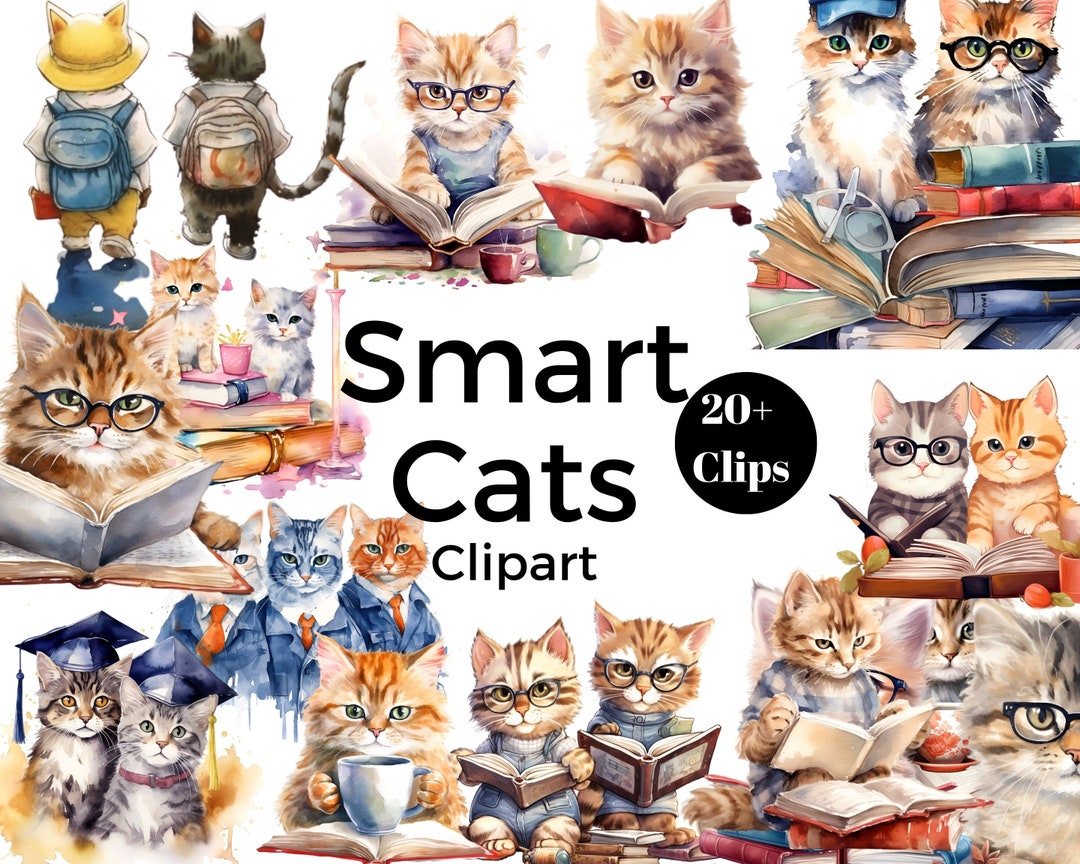 Smart Cats Clipart, Cats Clipart, Vintage Cats Clipart, Cats on Books ...