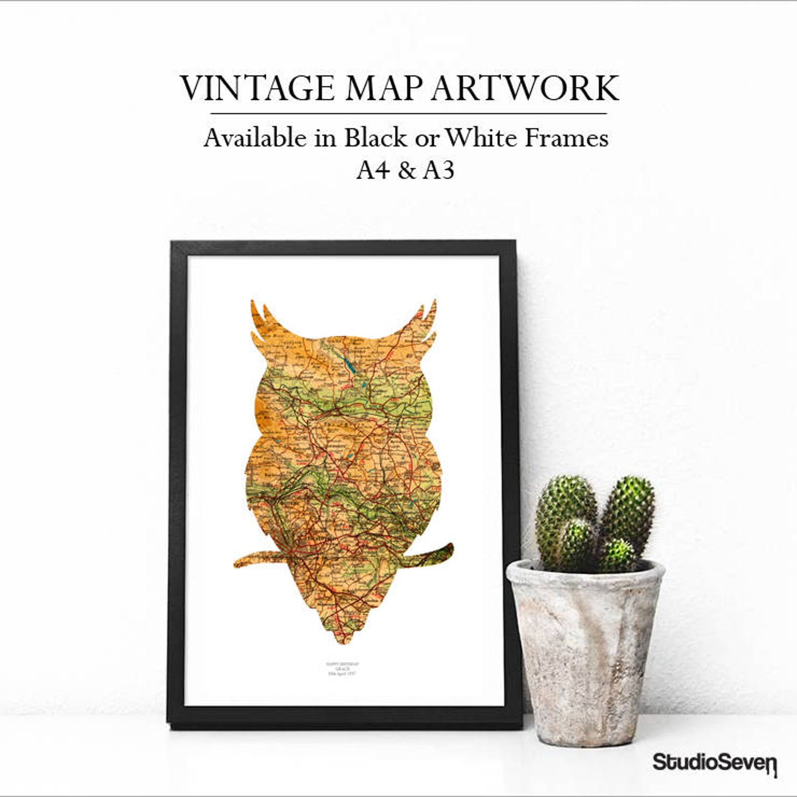 Personalised Vintage Map Owl Art Print - Etsy