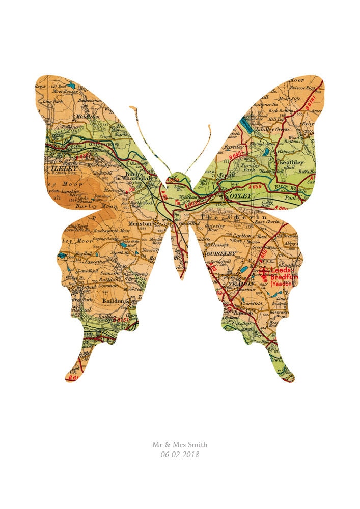 Personalised Vintage Map Butterfly Art Print - Etsy