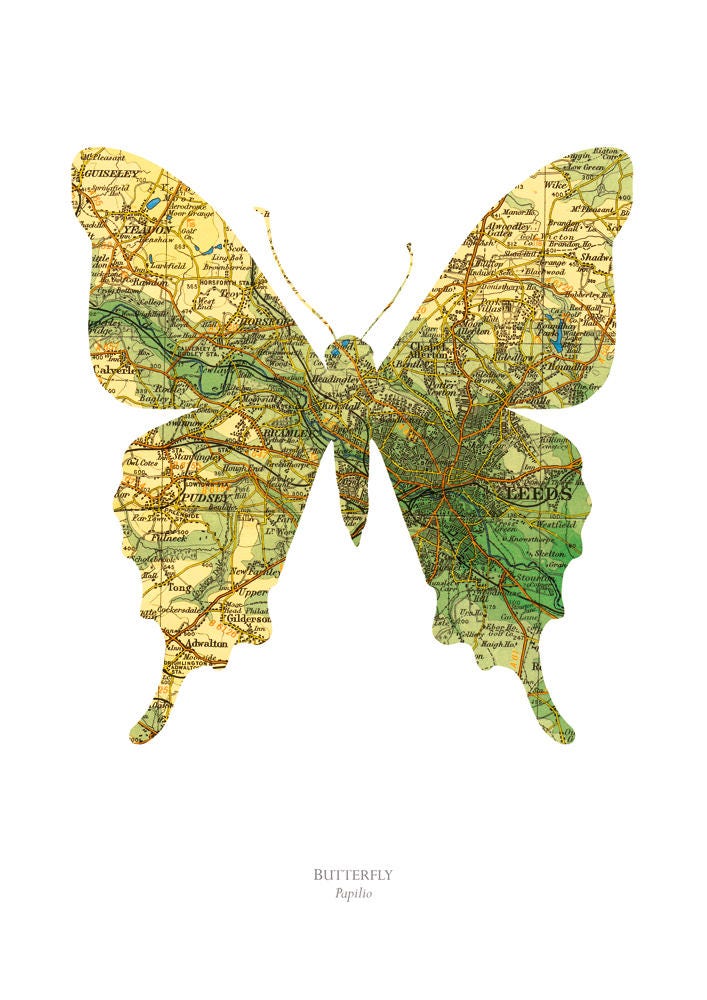 Personalised Vintage Map Butterfly Art Print - Etsy