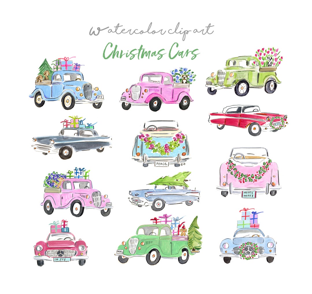 Watercolor Cars Clip Art, Pastel Christmas Clip Art, Watercolor Vintage ...