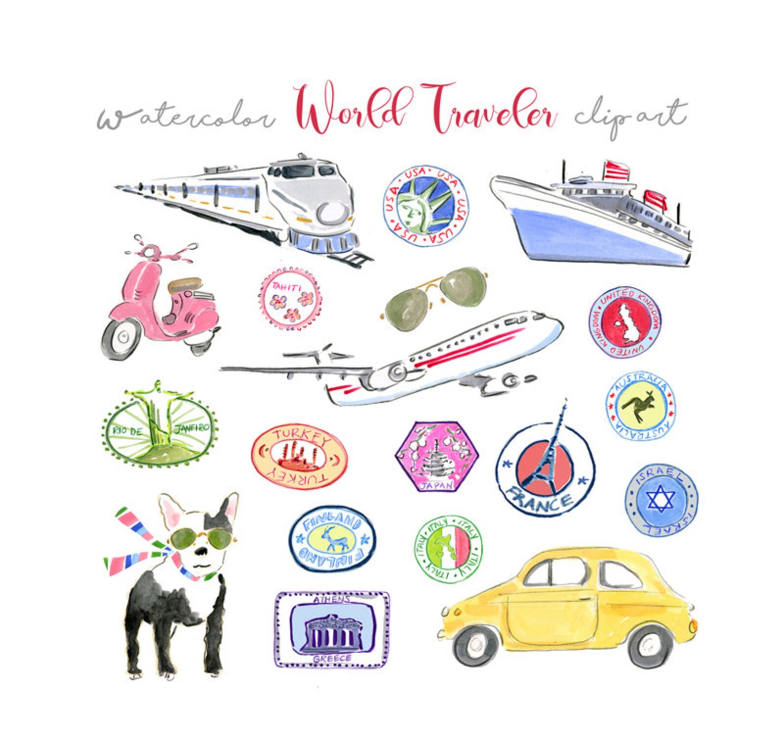 Travel Clip Art Collection Watercolor Clip Art Travel Clip - Etsy