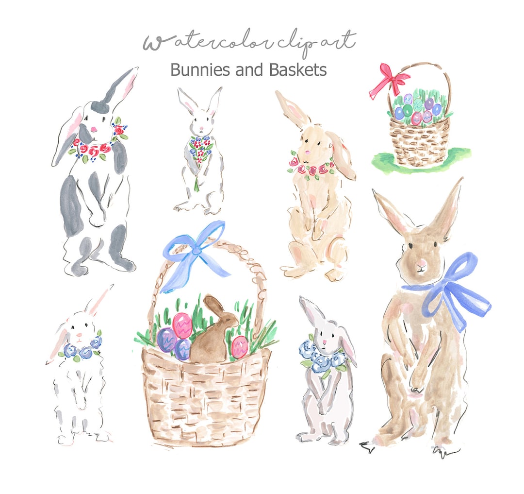 Watercolor Bunnies and Easter Baskets Clip Art Collection, Watercolor ...