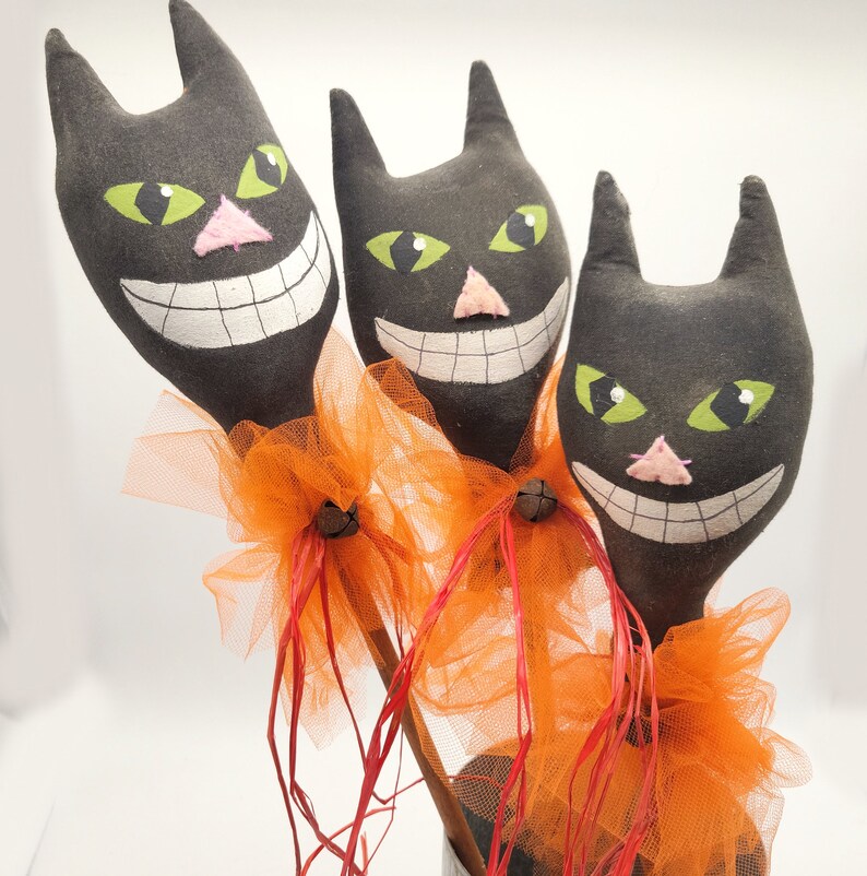 3 Black Cat Crock Pokes Halloween Primitive Decor Ornament | Etsy