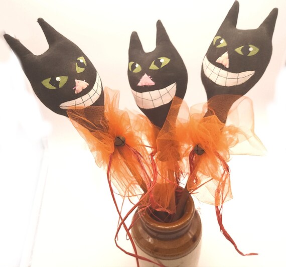 3 Black Cat Crock Pokes Halloween Primitive Decor Ornament | Etsy