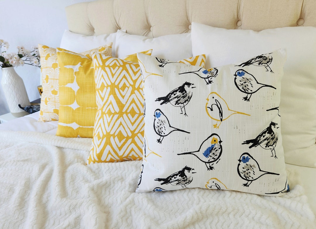 One Yellow Pillow Cover - Deep Yellow and White Decorative Pillow Cover ...