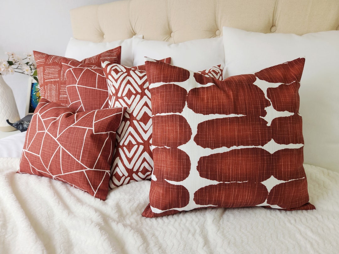 One Decorative Pillow, Red and White Pillow Cover, Brick Red Pillow ...